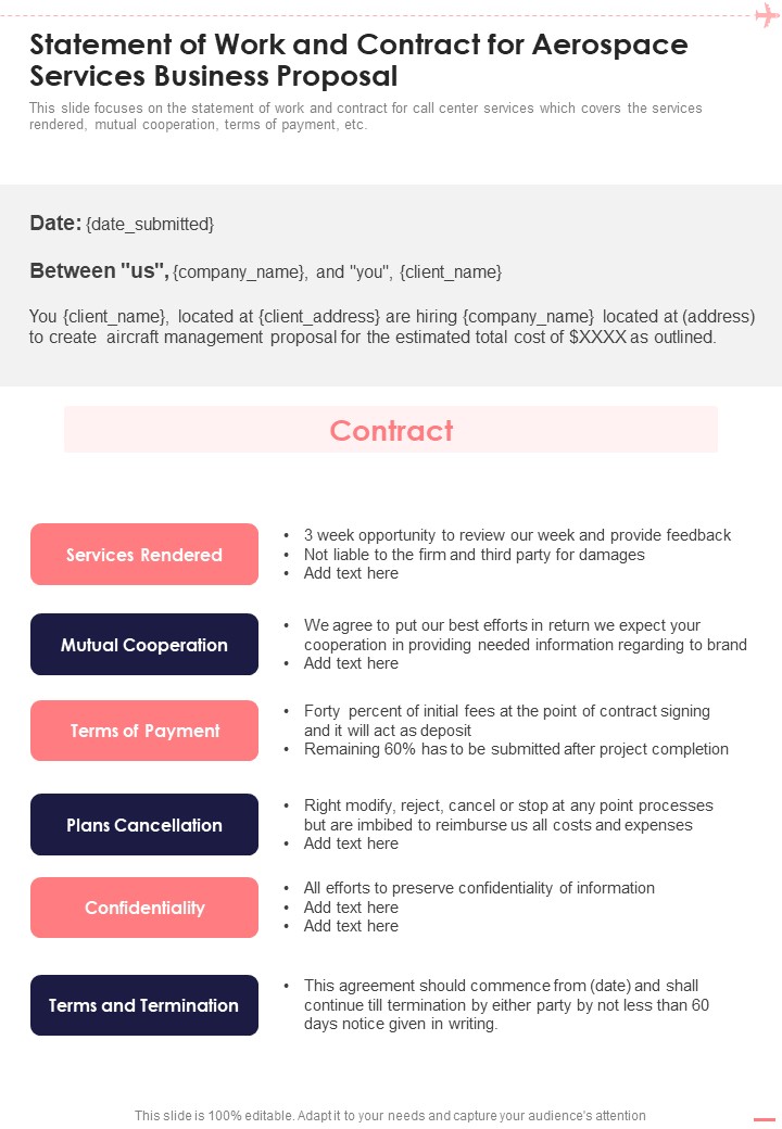 Statement Of Work And Contract For Aerospace Services Business Proposal One