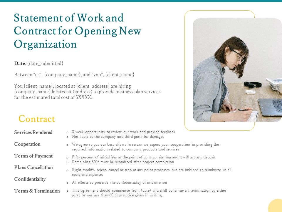 Statement Of Work And Contract For Opening New Organization Ppt PowerPoint