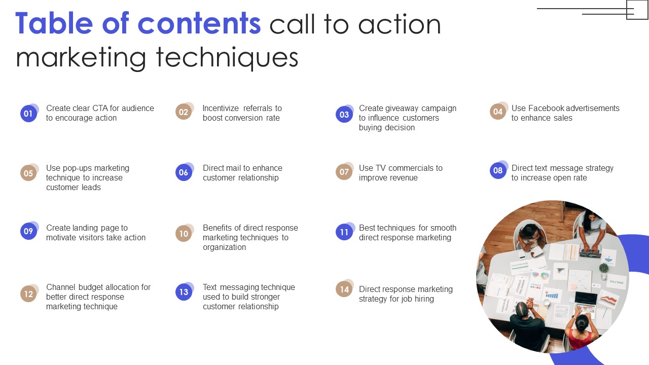 Table Of Contents Call To Action Marketing Techniques Topics PDF
