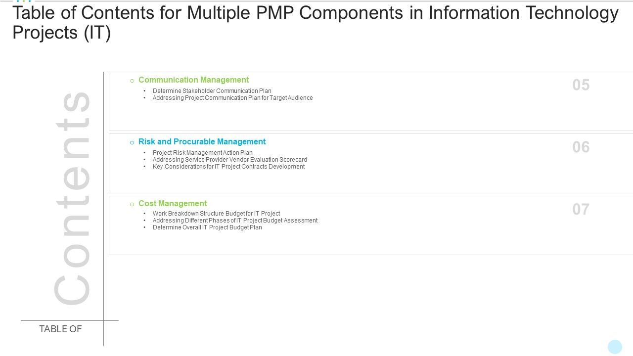 Table Of Contents For Multiple PMP Components In Information Technology Projects IT Risk ...