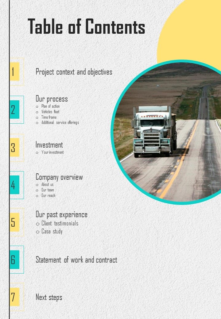 Table Of Contents Hiring Proposal For Business Transportation Service ... Table Of Contents Hiring Proposal For Business Transportation Service ...