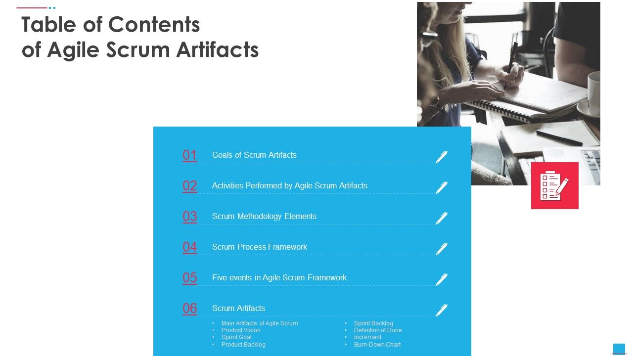 Table Of Contents Of Agile Scrum Artifacts Ppt Professional Slide Portrait PDF
