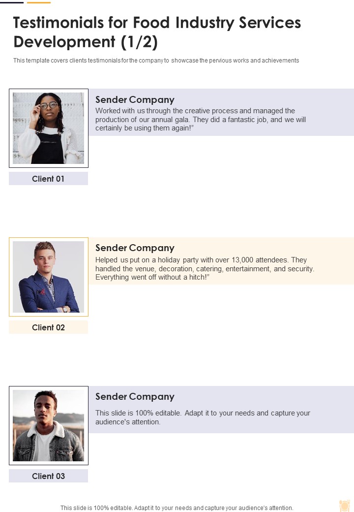 Testimonials For Food Industry Services Development One Pager Sample Exampl