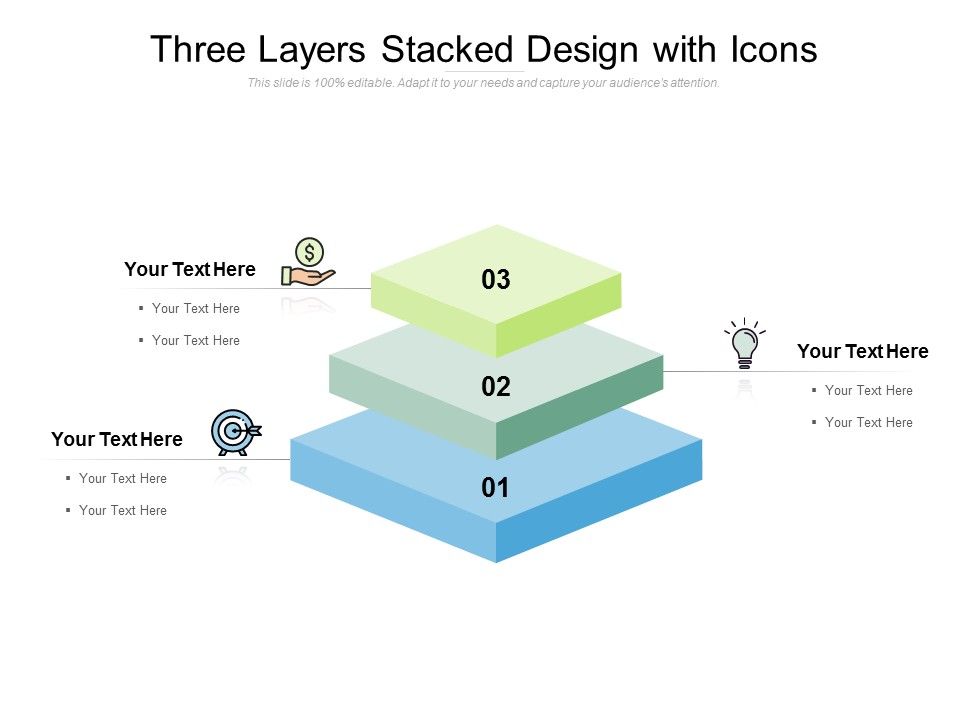 Three Layers Stacked Design With Icons Ppt Powerpoint Presentation Styles Model