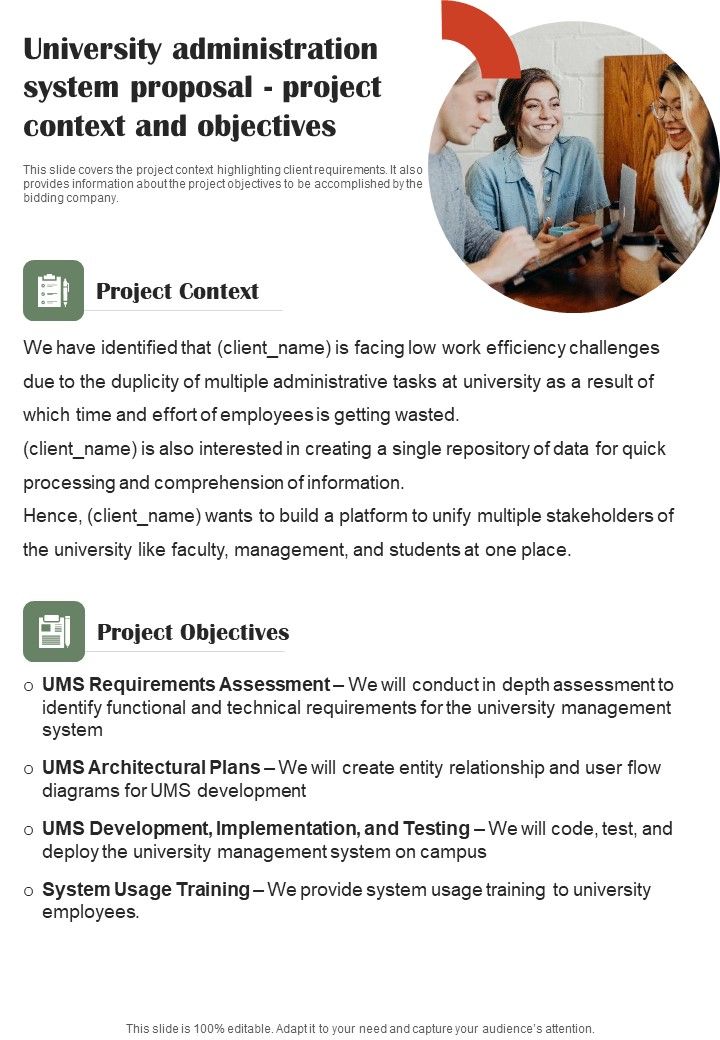 University Administration System Proposal Context And Objectives One Pager Sample Example Document
