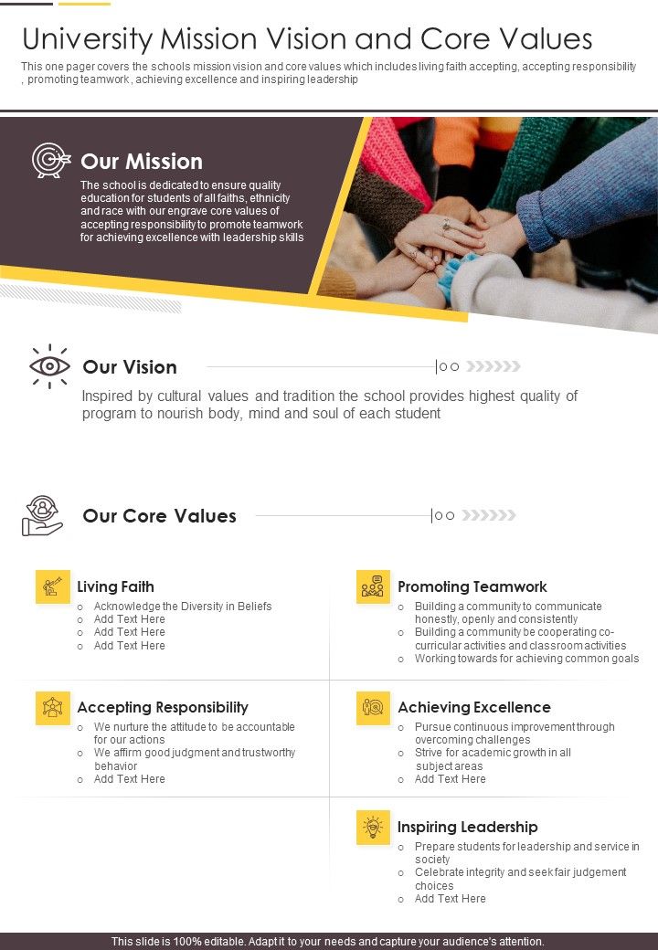 University Mission Vision And Core Values One Pager Documents