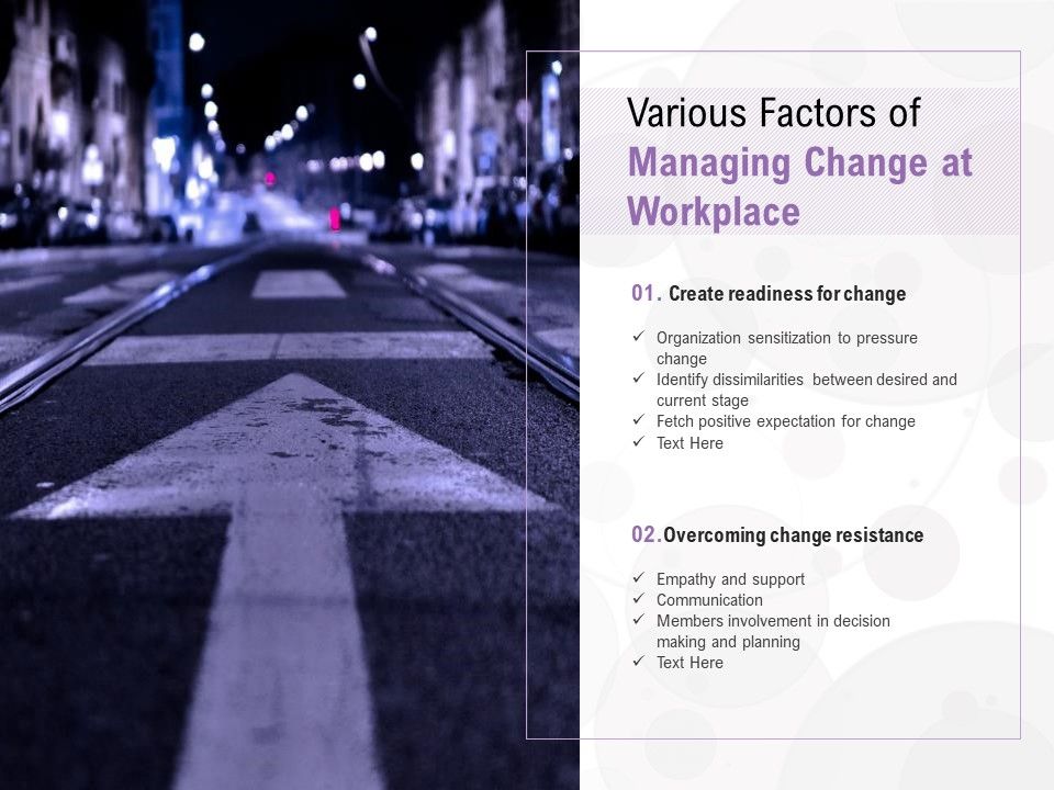 Various Factors Of Managing Change At Workplace Ppt PowerPoint Presentation