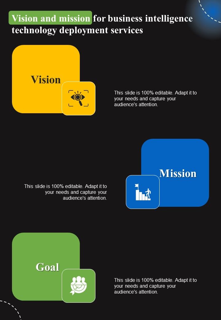 Vision And Mission For Business Intelligence Technology Deployment Services One Pager Sample ...
