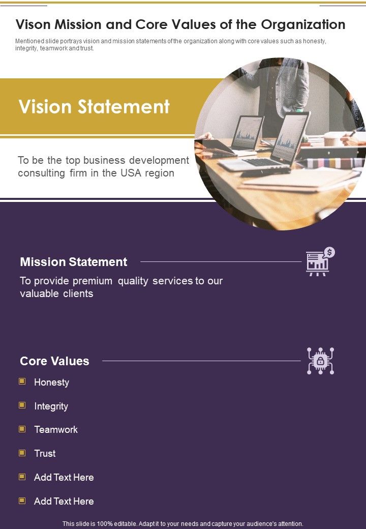 Vison Mission And Core Values Of The Organization One Pager Documents