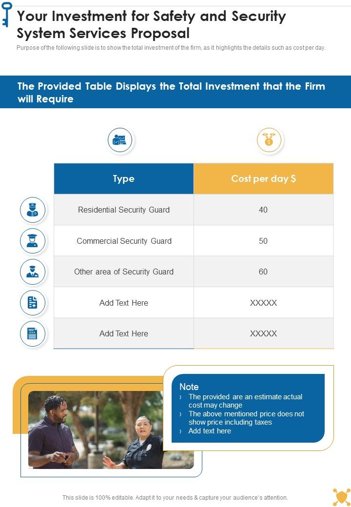 Your Investment For Safety And Security System Services Proposal One Pager