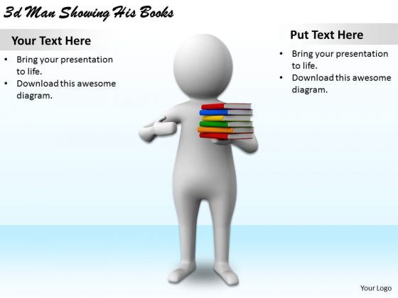Business Strategy Development 3d Man Showing His Books Character Models