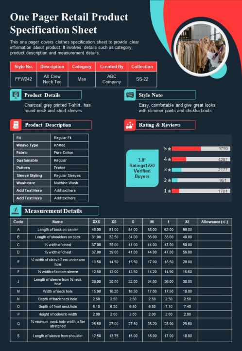 One Pager Retail Product Specification Sheet PDF Document PPT Template
