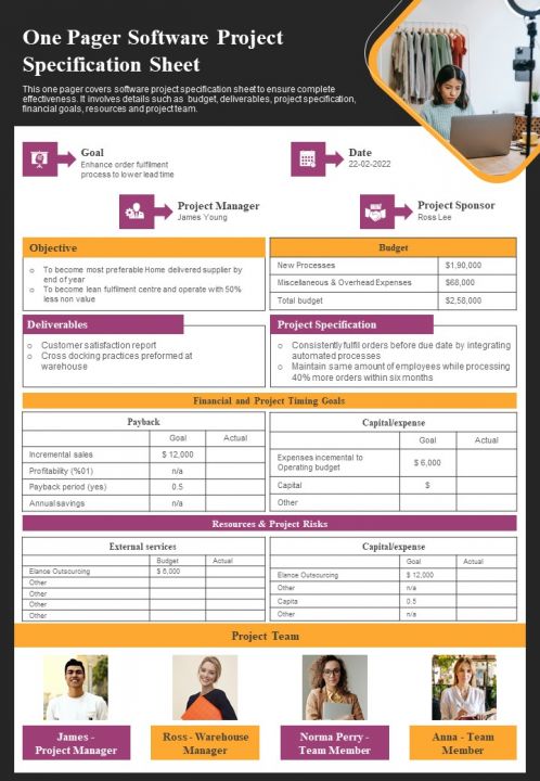 One Pager Software Project Specification Sheet PDF Document PPT Template