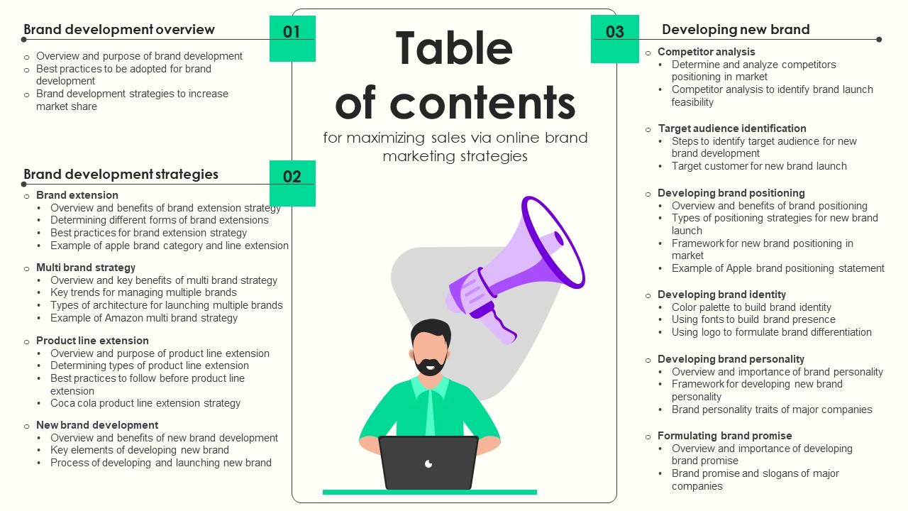 Table Of Contents For Maximizing Sales Via Online Brand Marketing Strategies Diagrams Pdf