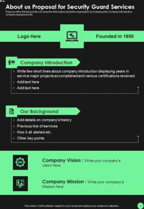 About Us Proposal For Security Guard Services One Pager Sample Example Document