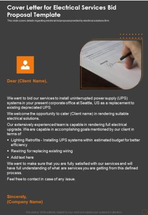 Cover Letter For Electrical Services Bid Proposal Template One Pager ...