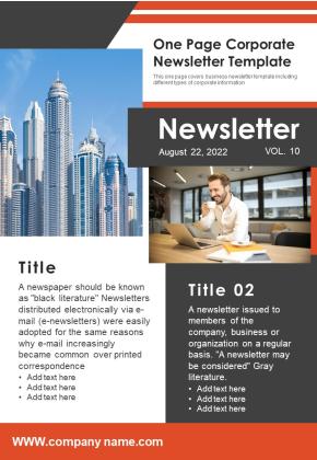 One Page Corporate Newsletter Template PDF Document PPT Template