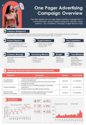 One Pager Advertising Campaign Overview PDF Document PPT Template