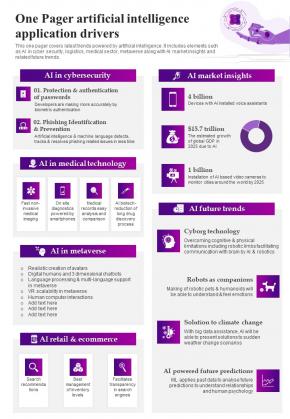 One Pager Artificial Intelligence Application Drivers PDF Document PPT Template