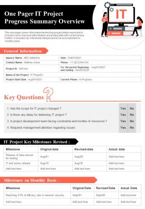 One Pager IT Project Progress Summary Overview PDF Document PPT Template