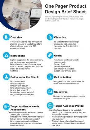 One Pager Product Design Brief Sheet PDF Document PPT Template