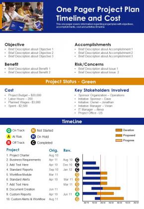 One Pager Project Plan Timeline And Cost PDF Document PPT Template