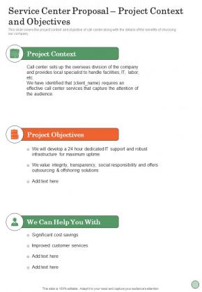 Service Center Proposal Project Context And Objectives One Pager Sample Example Document