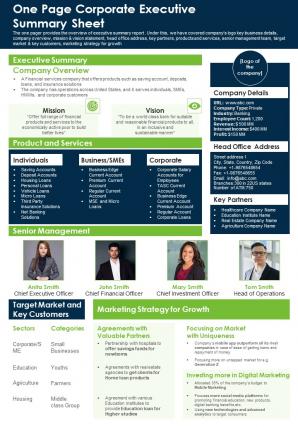 One Page Corporate Executive Summary Sheet Pdf Document Ppt Template