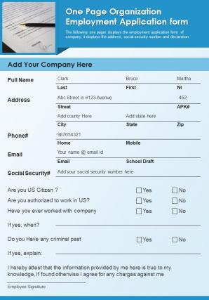 One Page Organization Employment Application Form PDF Document PPT Template