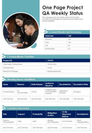 One Page Project QA Weekly Status PDF Document PPT Template