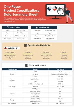 One Pager Product Specifications Data Summary Sheet PDF Document PPT Template