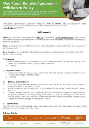 One Pager Retailer Agreement With Return Policy PDF Document PPT Template