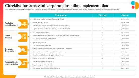 Checklist For Successful Corporate Branding Implementation Portrait PDF Checklist For Successful Corporate Branding Implementation Portrait PDF