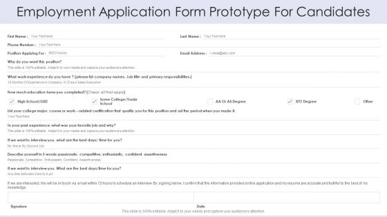 Employment application form prototype for candidates PowerPoint ...