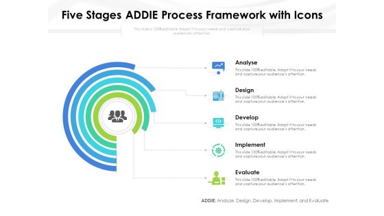 Five Stages Addie Process Framework With Icons Ppt Powerpoint Presentation File Show Pdf