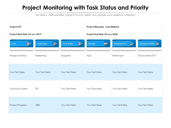 Project Monitoring With Task Status And Priority Ppt Powerpoint Presentation File Infographic