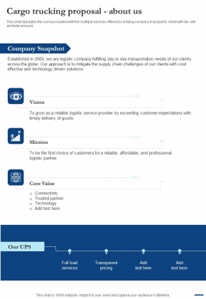 Cargo Trucking Proposal About Us One Pager Sample Example Document 